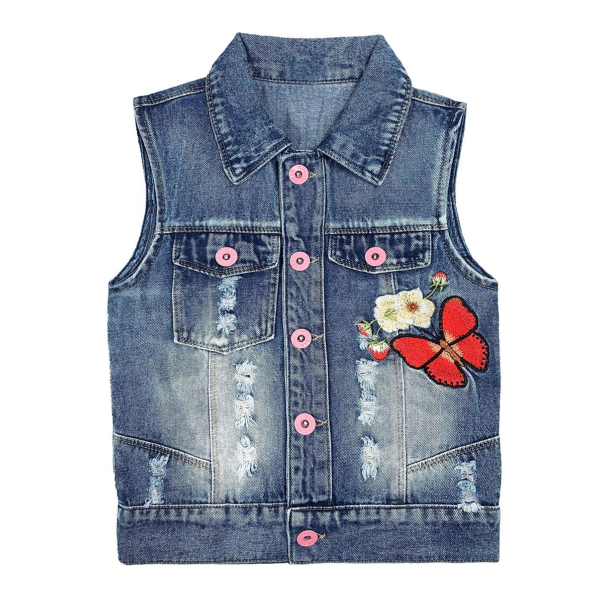 Peacolate Little Big Girl Distressed Sleeveless Jacket Embroidered Sequins Butterfly Denim Vest (Butterfly,6-7Years)