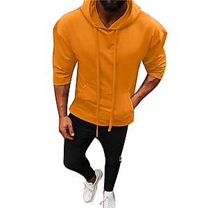 Sunggoko Pullover Seven Point Sleeve Hooded Men Splicing Button Pullover Sweatshirt Tops Blouse Yellow