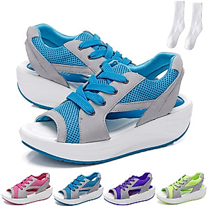 LELEBEAR Contrast Paneled Cutout Lace-Up Muffin Sandals, Women Causal Toe Platform Sneaker Sandals for Indoor and Outdoor (Blue, 8.5)