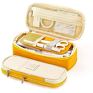 JIAXIAO Canvas Pencil Box,School Travel Bags Pen Bag Fold Pencil Bag for Student Classic Pocket Cosmetic Bag Pencil Case Pens Holder(Bright Yellow)