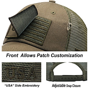 Antourage American Flag Unconstructed Hat for Men and Women Twill Mesh Snapback Baseball USA Flag Cap + 2 Patriotic Patches ((02) Olive Distressed Mesh Snapback)