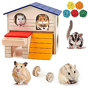 FORZENA Pet Small Animal Hideout Hamster House Deluxe Two Layers Wooden Hut Play Toys Chews Color Sepak Takraw and Barbell