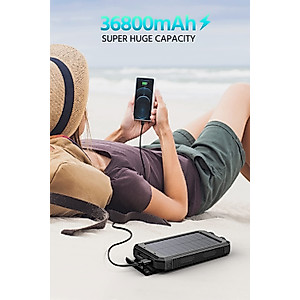 Power-Bank-Portable-Charger-Solar - 36800mAh Waterproof Portable External Backup Battery Charger Built-in Dual QC 3.0 5V3.1A Fast USB and Flashlight for All Phone and Electronic Devices (Deep Black)