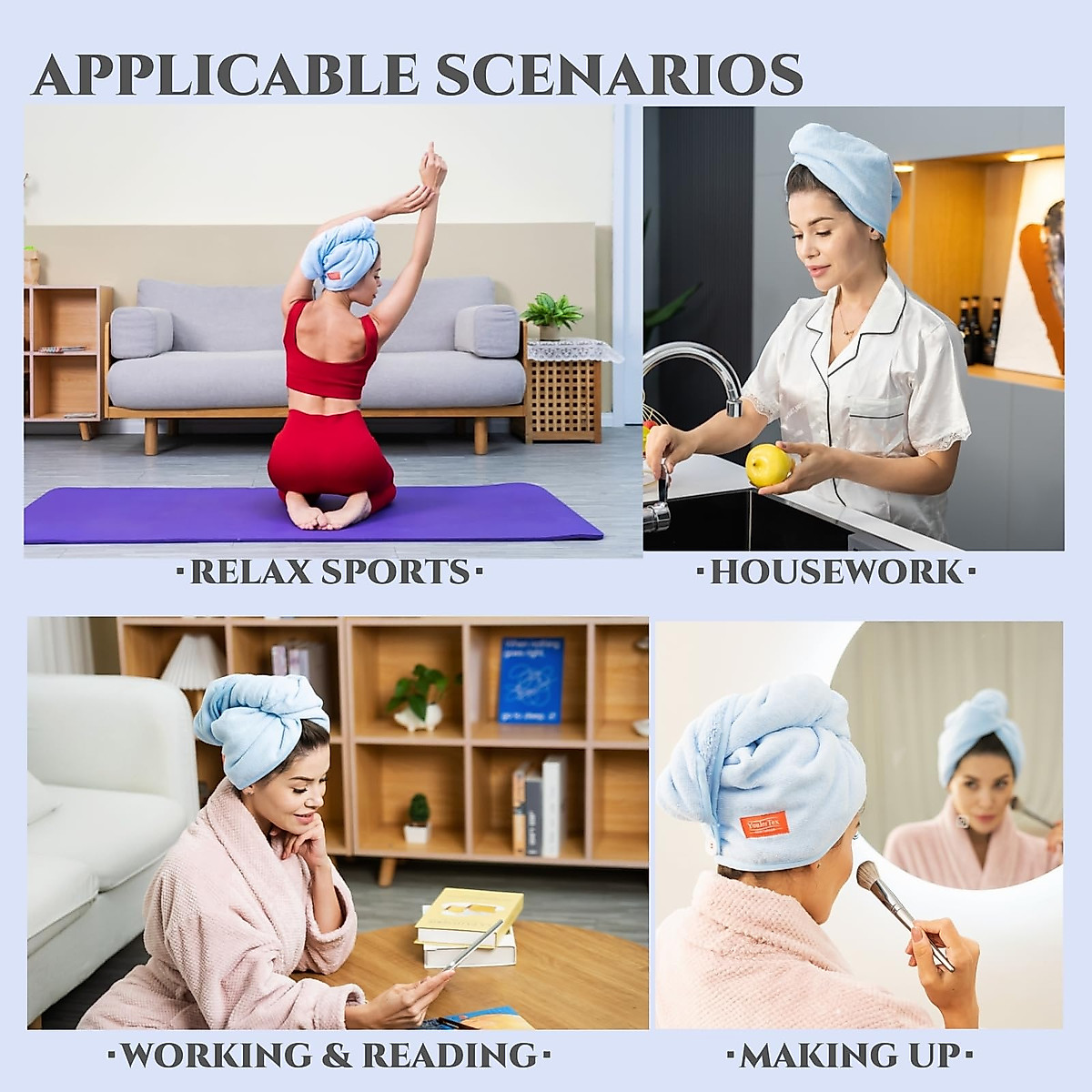 YoulerTex Microfiber Hair Towel Wrap for Women, 2 Pack 10 inch X 26 inch Super Absorbent Quick Dry Hair Turban for Drying Curly Long Thick Hair (Gray)