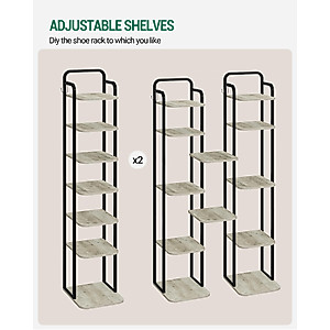 Hzuaneri Vertical Shoe Rack, Shoe Shelves, Wood Shoe Organizer for Closet, Entryway, Shoe Tower for Small Spaces, Free Standing, Adjustable, with 2 Hooks, 7 Tier Greige SR20205B