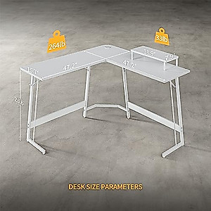 CubiCubi L Shaped Gaming Desk, 47 Inch Computer Desk with Monitor Stand, PC Gaming Desk, Corner Desk Table for Home Office Sturdy Writing Workstation, White