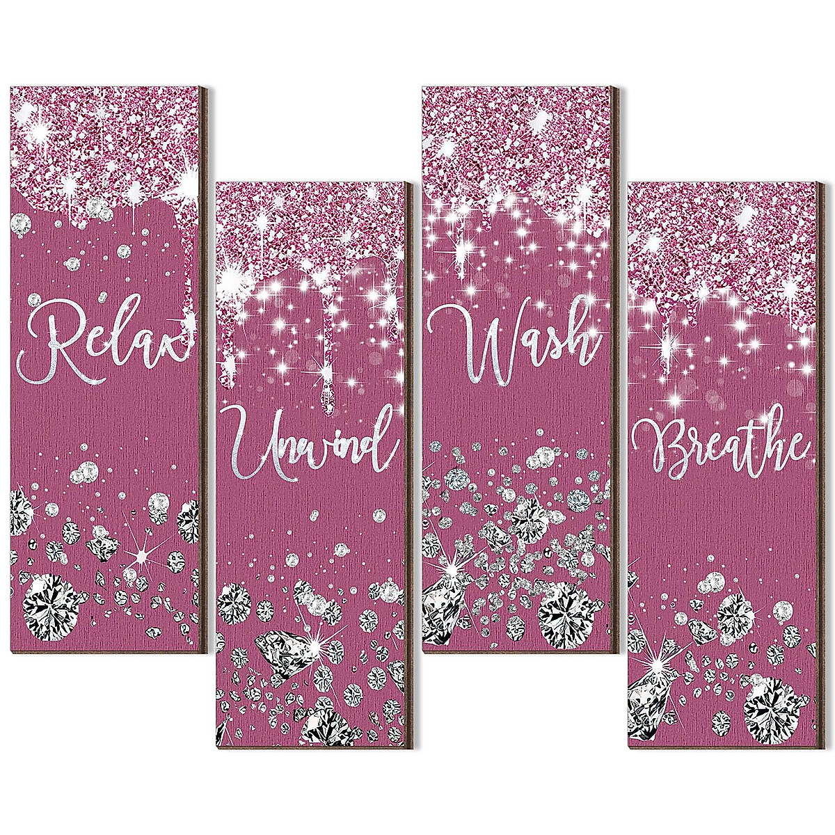 Huwena 4 Pcs Glitter Diamond Bathroom Wall Decor Wooden Relax Wish Unwind Breathe Wall Art Bathroom Decor Pink Silver Shiny Drips Hanging Bathroom Sign for Living Room Home Spa Bathroom