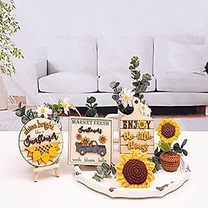 Sunflower Decor | Sunflower Gifts for Women | Farmhouse Sunflower Kitchen Tiered Tray Decor | Spring Decorations for Home | Sunflower Wooden Signs | Handmade Crochet