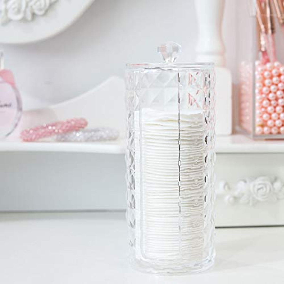 Acrylic Makeup Cotton Pad Holder, Luxspire Clear Diamond Pattern Cotton Pads Organizer dispenser Bathroom Jars for Round Cotton Display Stand Cosmetic Makeup Storage Box with Lid - Clear