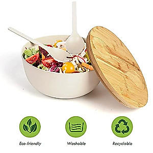 Large Salad Bowl with Lid, Bamboo Fiber Salad Serving Bowl Set with Utensils, 9.8inches Mixing Bowl with Servers, Solid Bamboo Wooden Bowl for Salad, Fruits, Vegetables and Pasta(White)