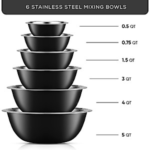 JoyJolt Stainless Steel Mixing Bowl Set of 6 Mixing Bowls (Black). 5qt Large Mixing Bowl to 0.5qt Small Metal Bowl. Kitchen, Cooking and Storage Nesting Bowls. Dough, Batter and Baking Bowls