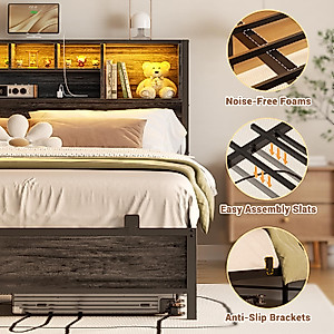 Homieasy Queen Size Bed Frame with Bookcase Headboard, Metal Platform Bed Frame Queen Size with Charging Station and LED Light, Heavy Duty Metal Slats, No Box Spring Needed, Noise-Free, Black Oak