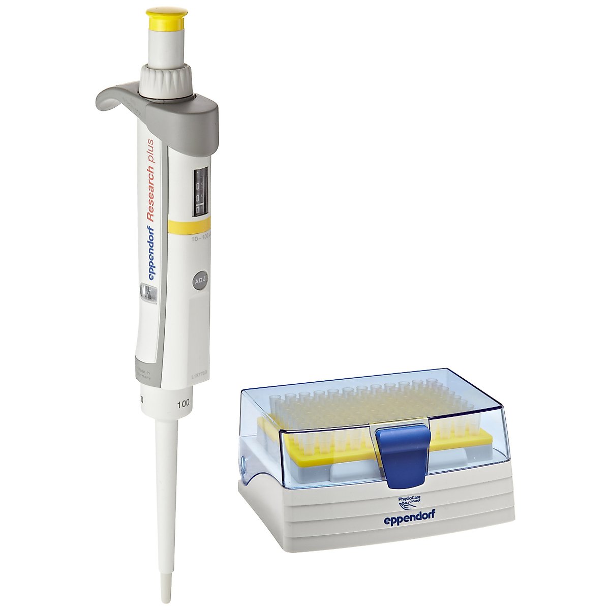 Eppendorf 3120000046 Single-Channel Research Plus Adjustable-Volume Pipetters, Yellow Operating Button, Volume Range: 10 to 100 µl