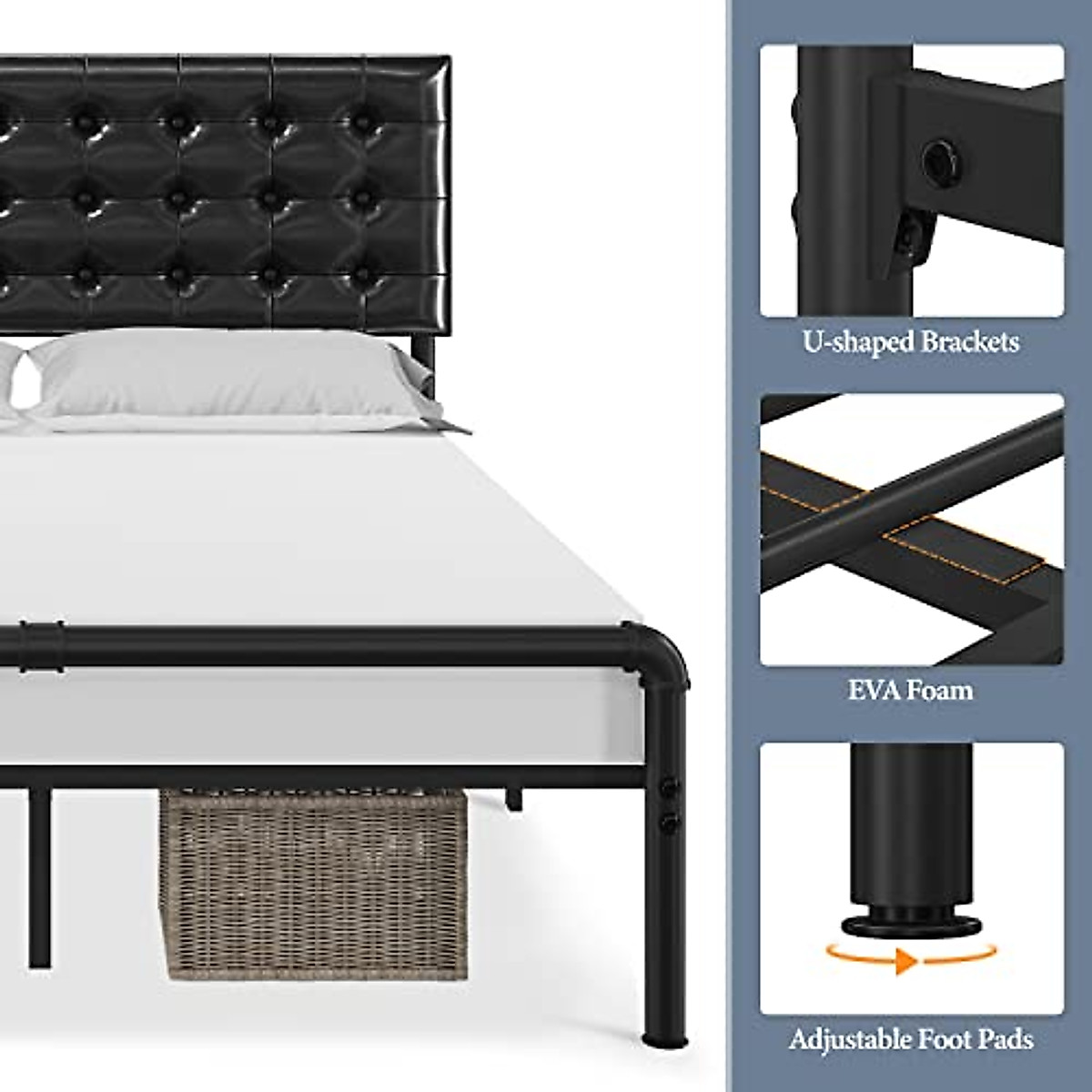 Yaheetech Queen Size Bed Frame, Metal Platform Bed with Faux Leather Height-Adjustable Headboard/12 Inch Underbed Storage/Noise Free/No Box Spring Needed/Industrial Pipe Foot End, Elegant Black