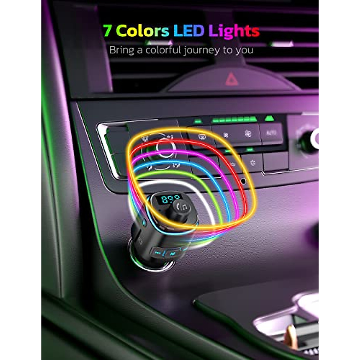 Nulaxy Bluetooth FM Transmitter for Car, 7 Color LED Backlit Bluetooth Car Adapter with QC3.0 Charging, USB Flash Drive, microSD Card, Handsfree Car Kit (B- Black)