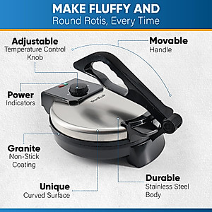 10inch Roti Maker by StarBlue with FREE Roti Warmer and Removable Handle - The automatic Stainless Steel Non-Stick Electric machine to make Indian style Chapati, Tortilla, Roti AC 110V 50/60Hz 1200W