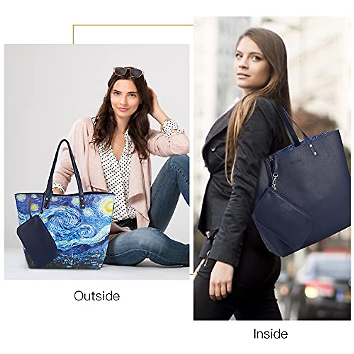 PU Leather Tote Bag for Women Reversible Blue Shoulder Bag Medium Size Tote Purse