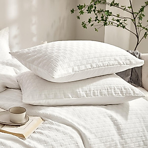 JELLYMONI Bright White Duvet Cover Queen Size - 3 Pieces Soft and Breathable Microfiber Knitted Jacquard Waffle Weave Striped Comforter Cover with 8 Corner Ties & Zipper Closure