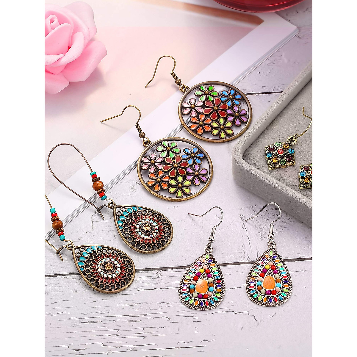 Hicarer Leather Necklace Bead Choker Adjustable Vintage Turquoise Necklace Handmade Woven Beaded Bracelet with 4 Pairs Bohemian Vintage Dangle Earrings Jewelry for Women