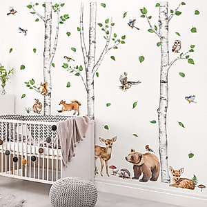 wondever Large Birch Tree Animals Wall Stickers Forest Owl Fox Bear Deer Peel and Stick Wall Art Decals for Baby Nursery Kids Bedroom Living Room