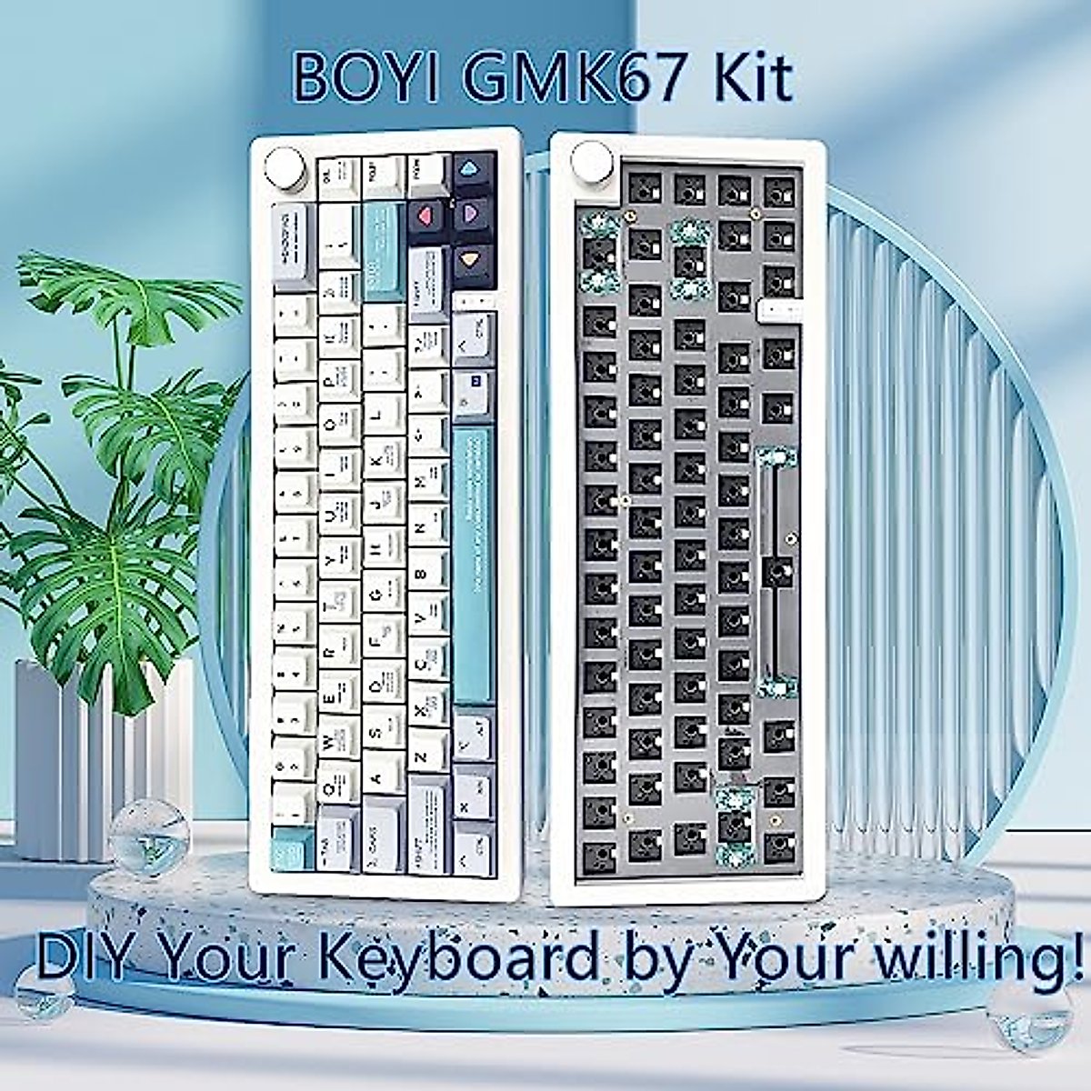 BOYI GMK67-65% Barebones Keyboard Kit,Hot Swap BT5.0/2.4G/Type-C Tri-Mode Wireless RGB Mechanical Keyboard PCB Mounting Kit with Silicone Pad,South-Facing LEDs Customized Keyboard Kit(White+Knob)