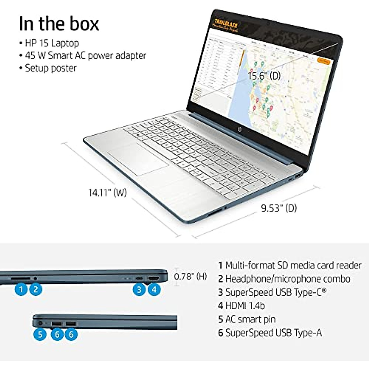 HP 15 15.6" FHD Business Laptop Computer, Hexa-Core AMD Ryzen 5 5500U (Beat i5-1135G7), 16GB DDR4 RAM, 512GB PCIe SSD, 802.11AC WiFi, Bluetooth 4.2, Spruce Blue, Windows 11 Pro, BROAG 64GB Flash Drive