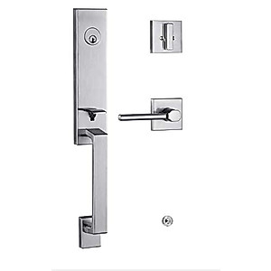 TOGU HS28L Front Door Handleset with Lever Handle in Satin Nickel,Contemporary Entry Door Lockset for Home Exterior Doors