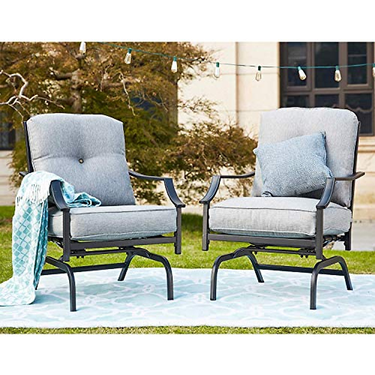 Top Space Rocking Patio Chairs Outdoor Metal Furniture Motion Spring Chair Black Dining Bistro Set with Padded Cushion for Garden Balcony Porch