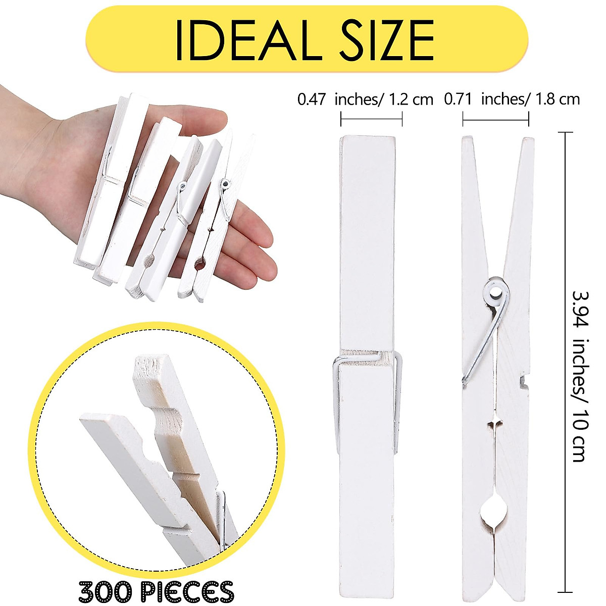 Honeydak 300 Pcs Christmas Large Clothes Pins 3.9 Inch Wooden Clothespins for Photos Clothes Pins for Hanging Crafts Pictures Laundry Outdoor Clothes Clips(White)