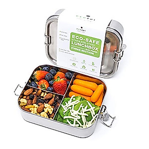 ecozoi Stainless Steel Lunch Box, Leak Proof Metal Bento Box with 3 Compartments, 35 Oz Bento Box, BPA Free Meal Prep Food Container | Bonus 50 ml Sauce Container