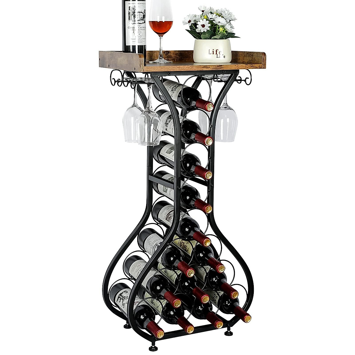 14 Bottles Wine Rack Console Table Freestanding Floor Wine Storage Organizer with Glass Holder Adjustable Feet Wood Top 35.4" H