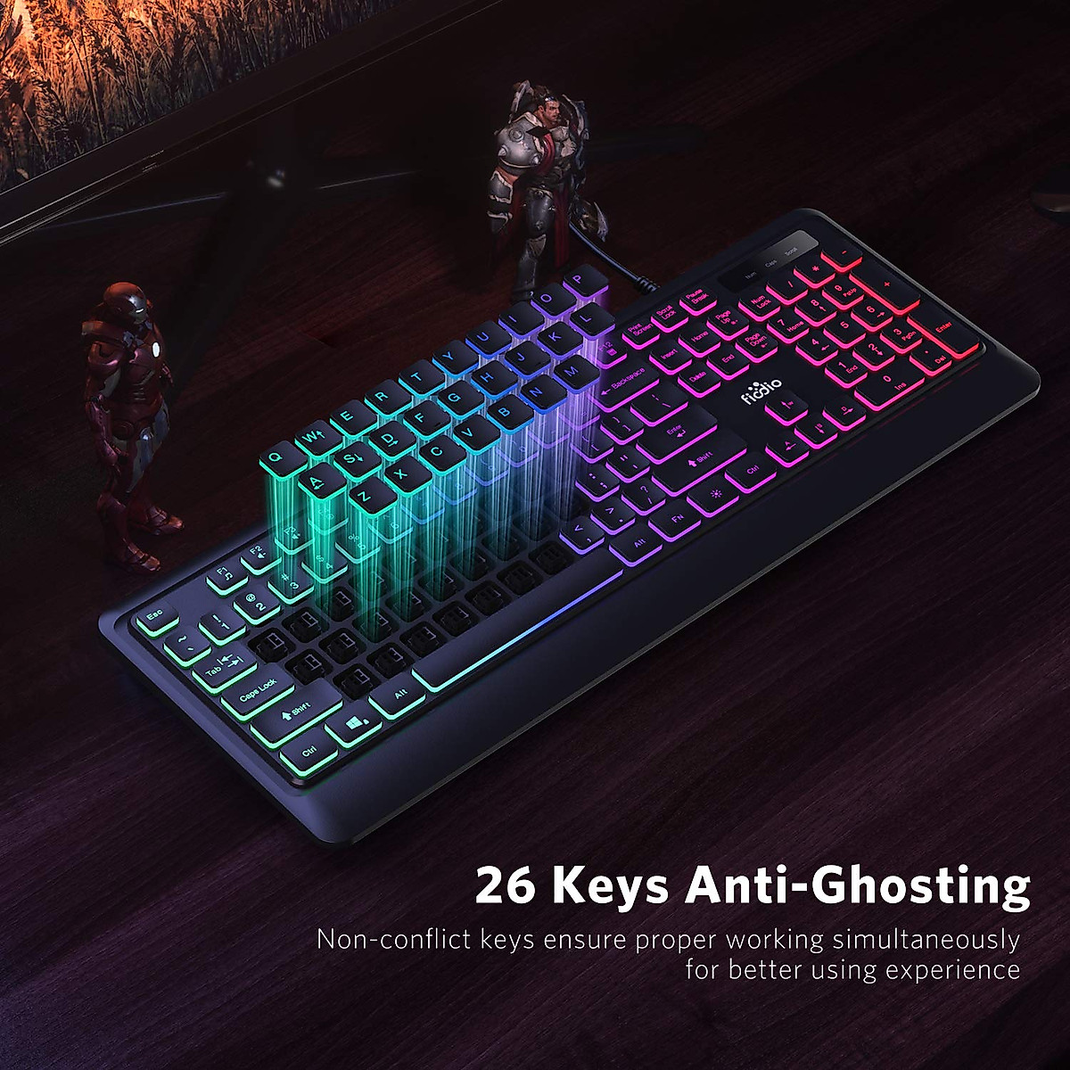 Fiodio Rainbow Membrane Gaming Keyboard, Quiet Wired Computer Keyboard, 104 Silent & 26 Anti-Ghosting Keys, Spill Resistant, Multimedia Control for PC and Desktop