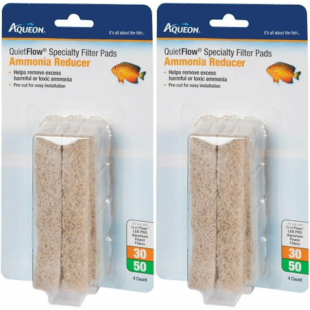 Aqueon QuietFlow Ammonia Reducer 30/50 Specialty Filter Pads, 8ct (2 x 4ct)