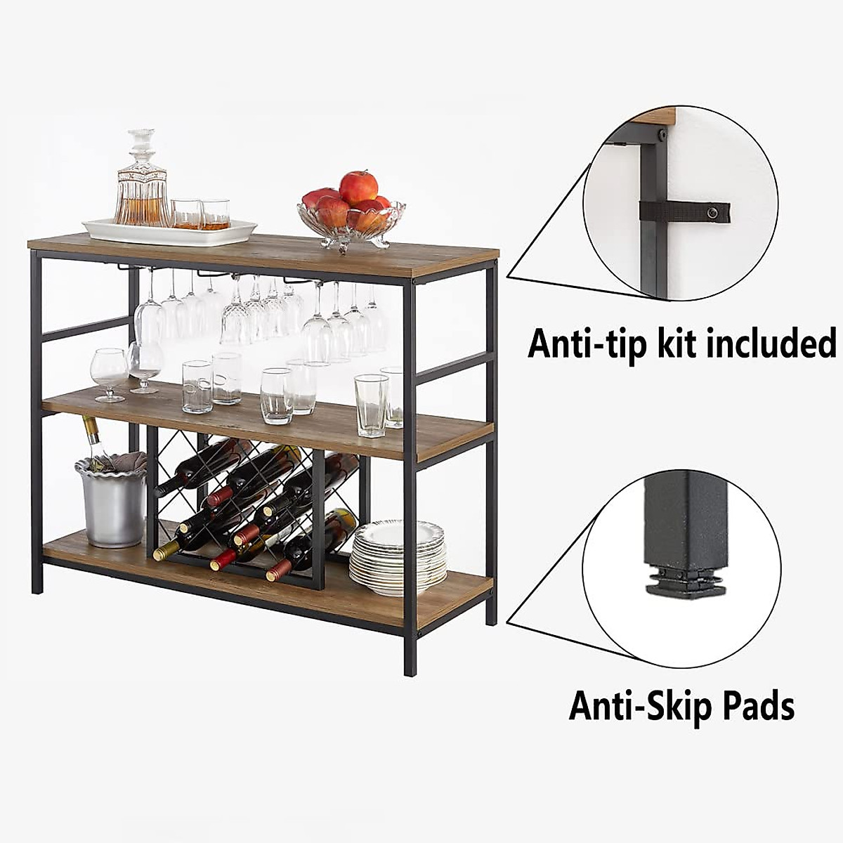 FOLUBAN Wine Rack Table with Glass Holder and Wine Storage, Industrial Rustic Wood and Metal Bar Buffet Cabinet, Oak