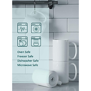 Porcelain White Coffee Mugs Set of 4-15 Ounce Cups with Large Handle for Hot or Cold Drinks like Cocoa, Milk, Tea or Water - Smooth Ceramic with Classic Design