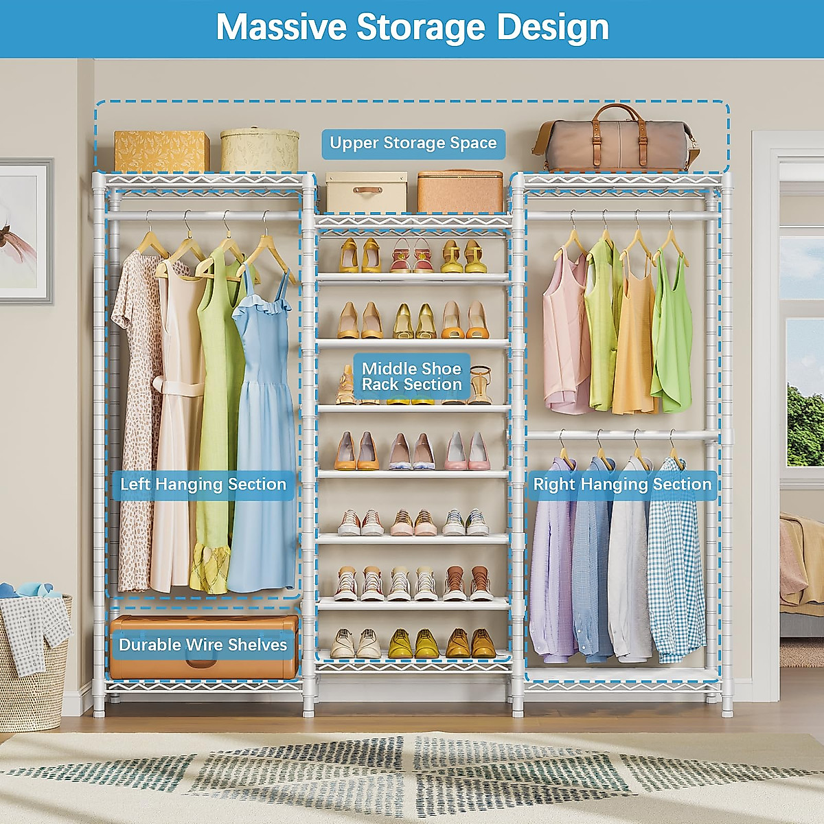 VIPEK S3 Freestanding Clothes Rack Heavy Duty Garment Rack 6-Tier Shoe Racks Closet Storage Organizer Large Wardrobe, Hanging Rod, Adjustable Metal Shelf, 68.9" L x 15.7" W x 76.4" H, White