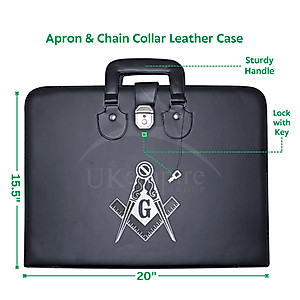 UK EMPIRE GROUP Masonic Apron & Chain Collar Case Leather Master Mason (Printed) MM, Provincial Size – Freemason Carrying Bags (Silver Emblem)