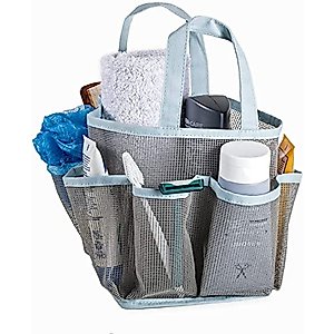 Mesh Portable Shower Tote and Caddy Multiple Colors Available. Perfect For Dorm, Gym, or Bathroom. Sturdy Handles & Fast Drying (Gray with Light Blue Trim)