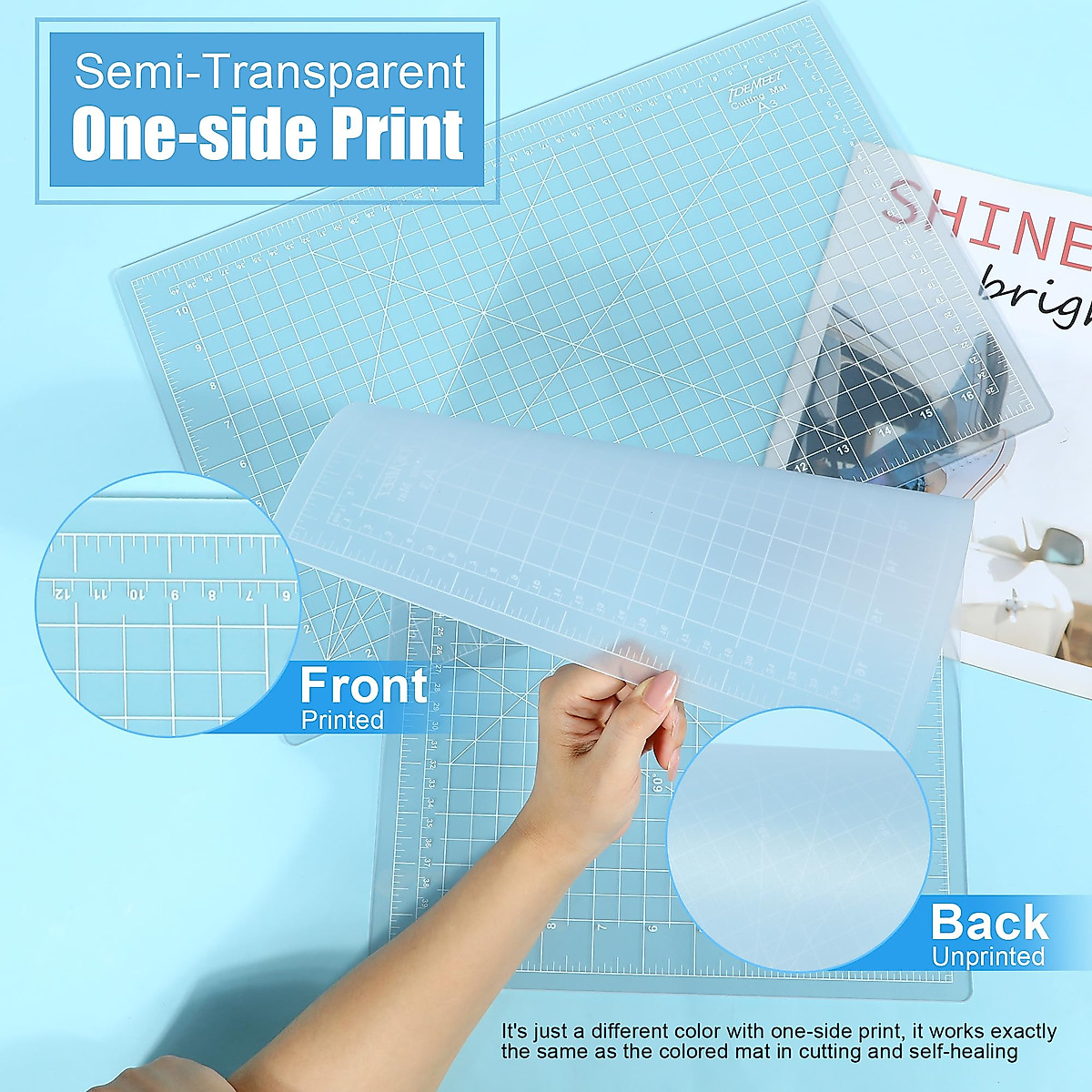 Semi-transparent Cutting Mat 18" x 12" Self Healing Sewing Mat, Idemeet Rotary Cutting Sewing Mat for Crafts, 5-Ply Blade Table Protector for Fabric Leather Cutting Quilting Modeling Hobby Project, A3