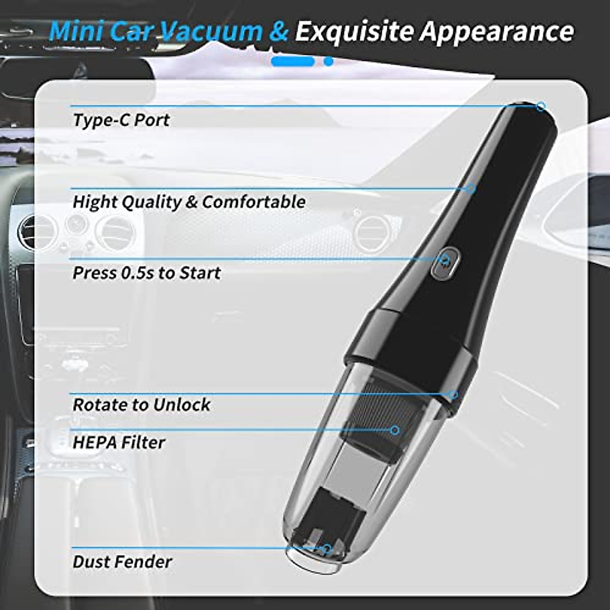 CAMFUN Mini Handheld Car Vacuum Cordless, Upgrade Version Air Duster and Inflation 3 in 1, Rechargeable with Strong Suction for Pet Hair, Home and Car Cleaning, Model GV01, Black