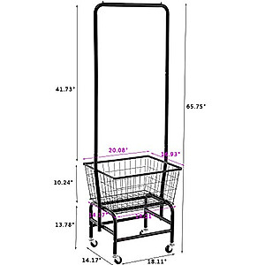 Rolling Laundry Hamper Basket Cart with Wire Storage Rack and Hanging Rack Black
