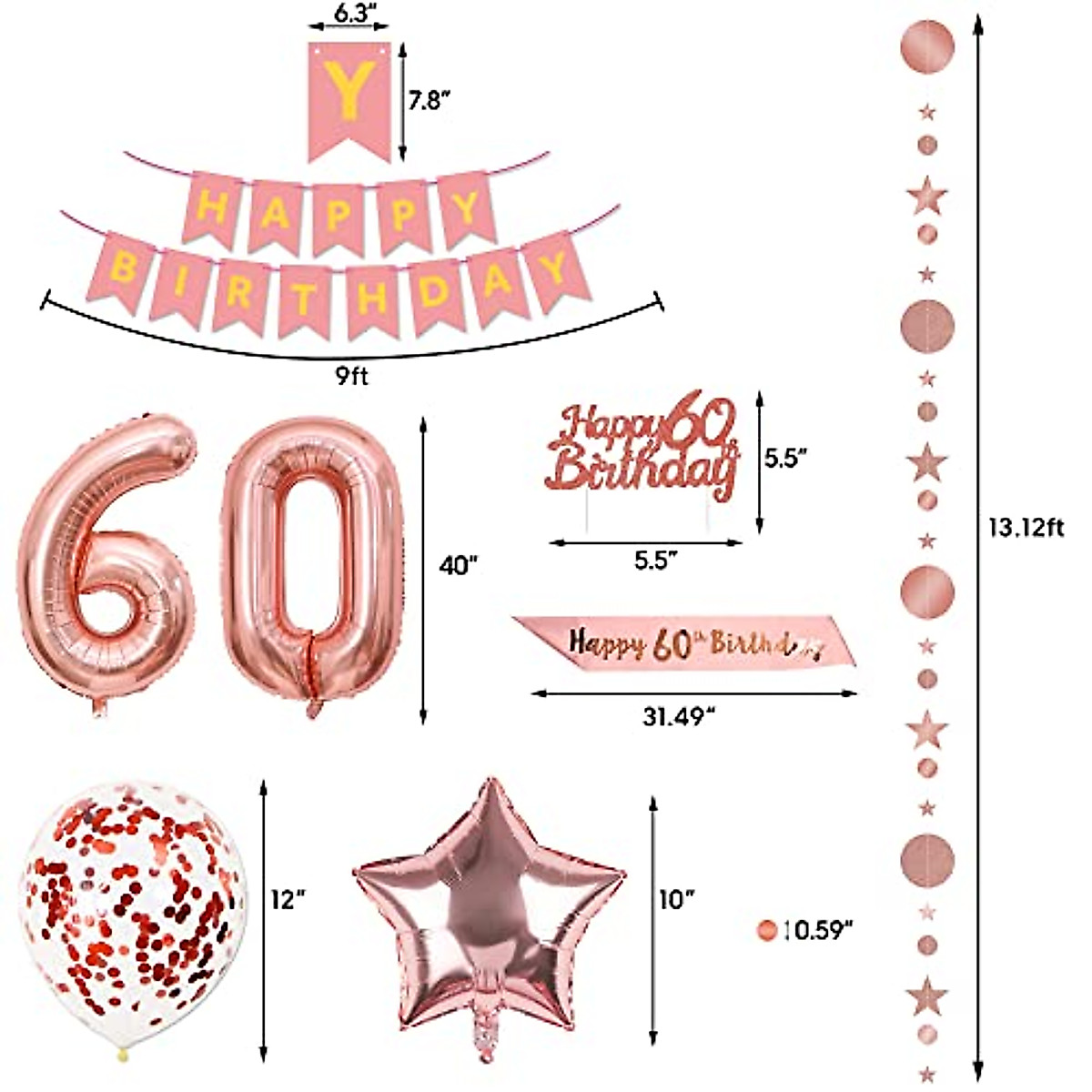 Yawagor 29 Pieces Rose Gold 60th Birthday Decorations for Women, Happy Birthday Decor Set-60th Birthday Anniversary Foil Balloons, Sash, Cake Topper, Fringe Curtains for Home Indoor Party Supplies
