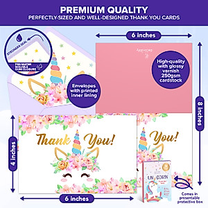 Decorably Thank You Cards with Envelopes & Stickers, Gold-Foiled Kid Cards, 24 Pack Unicorn Thank You Cards, Blank Inside Unicorn Thank You Cards Kids Birthday, 6x4in Kid Thank You Cards Kids