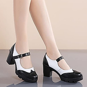 DADAWEN Women's Chunky Low Block Heels Mary Jane Closed Toe Work Pumps Comfortable Round Toe Oxfords Dress Wedding Shoes Black/White US Size 8.5