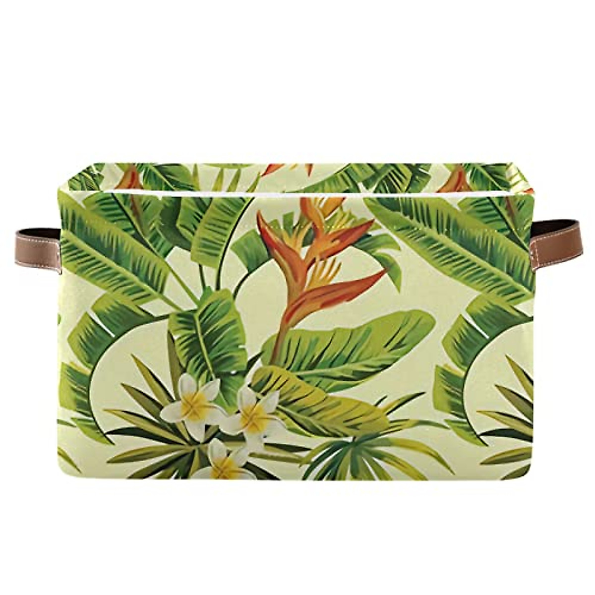 Gougeta Foldable Storage Basket with Handle, Tropical Exotic Plumeria and Palm Leaves Rectangular Canvas Organizer Bins for Home Office Closet Clothes Toys 2 Pack