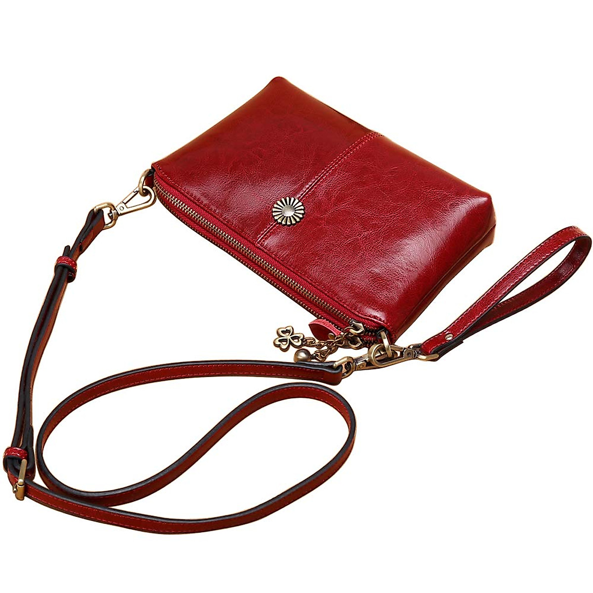 Women's Leather Wristlet Clutch Crossbody Bag, Small Shoulder Bag Cross Body Handbag Purse (Red)