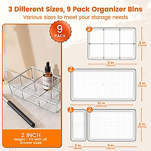 Criusia 9 Pack Drawer Organizer, 3 Sizes Clear Plastic Drawer Organization Storage Bins, Non-Slip Drawer Dividers for Makeup, Jewelry, Snacks, Office, Bedroom, Kitchen, Bathroom