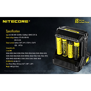 EdisonBright NITECORE i8 Eight Bays Smart Battery Charger for Li-ion/IMR/Ni-MH/Ni-Cd 26650 22650 18650 18490 18350 16340 RCR123 14500 AA AAA AAAA C D USB BBX3 Battery Carry case