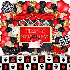 79 Pcs Casino Theme Party Decorations, Las Vegas Party Decorations Casino Birthday Party Decorations Supplies Include Casino Backdrop, Balloon Garland Kit, Tablecloth, Cake Toppers and Foil Balloons