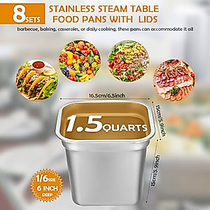Suttmin 8 Pcs Hotel Pan 1/6 Size Steam Table Pan with PP Plastic Lid Stainless Steel Food Containers with Lids Restaurant Pans Food Prep Pan Anti Clogging Steamer for Buffet Party(6" Deep)